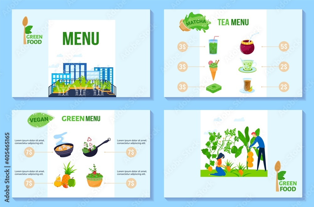 Green food menu vector illustration. Cartoon flat vegan or vegetarian ...