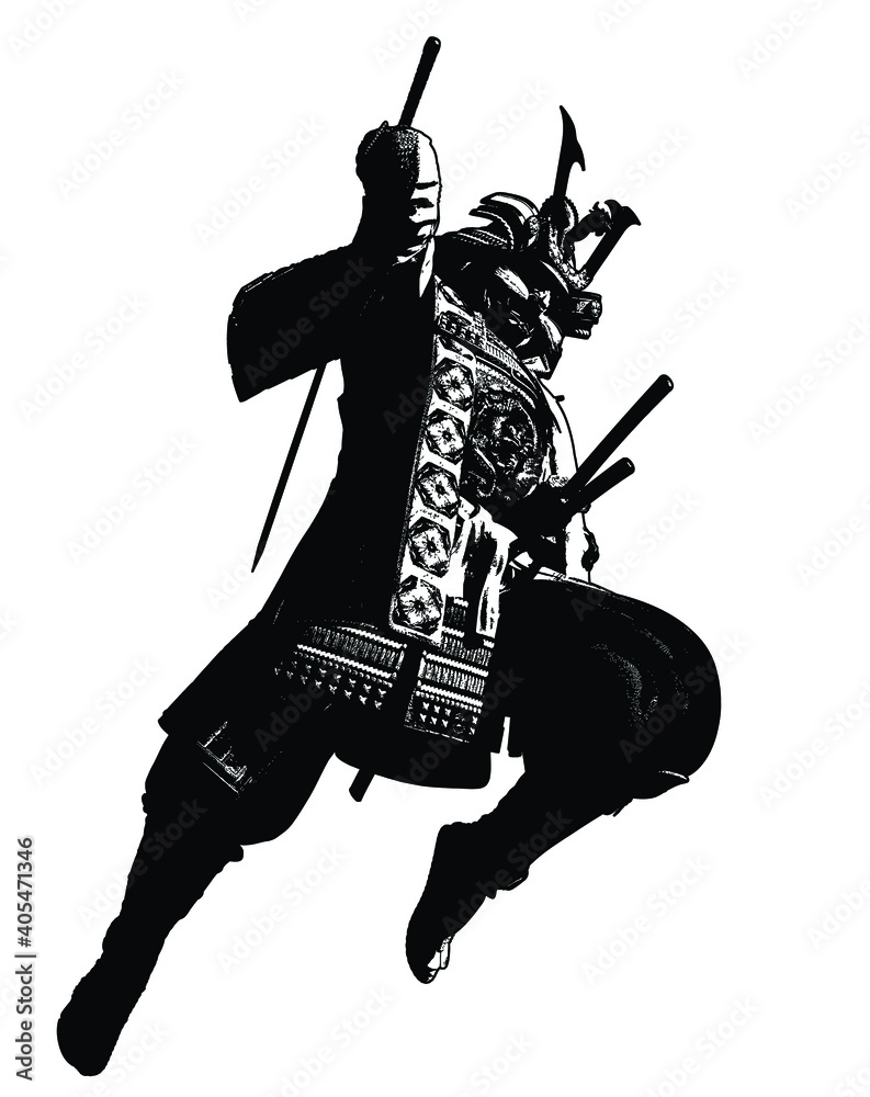 Poster The black silhouette of a samurai flying into battle in an epic ...