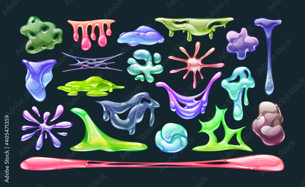 Realistic colorful homemade slime in shape of dripping blob splashes ...