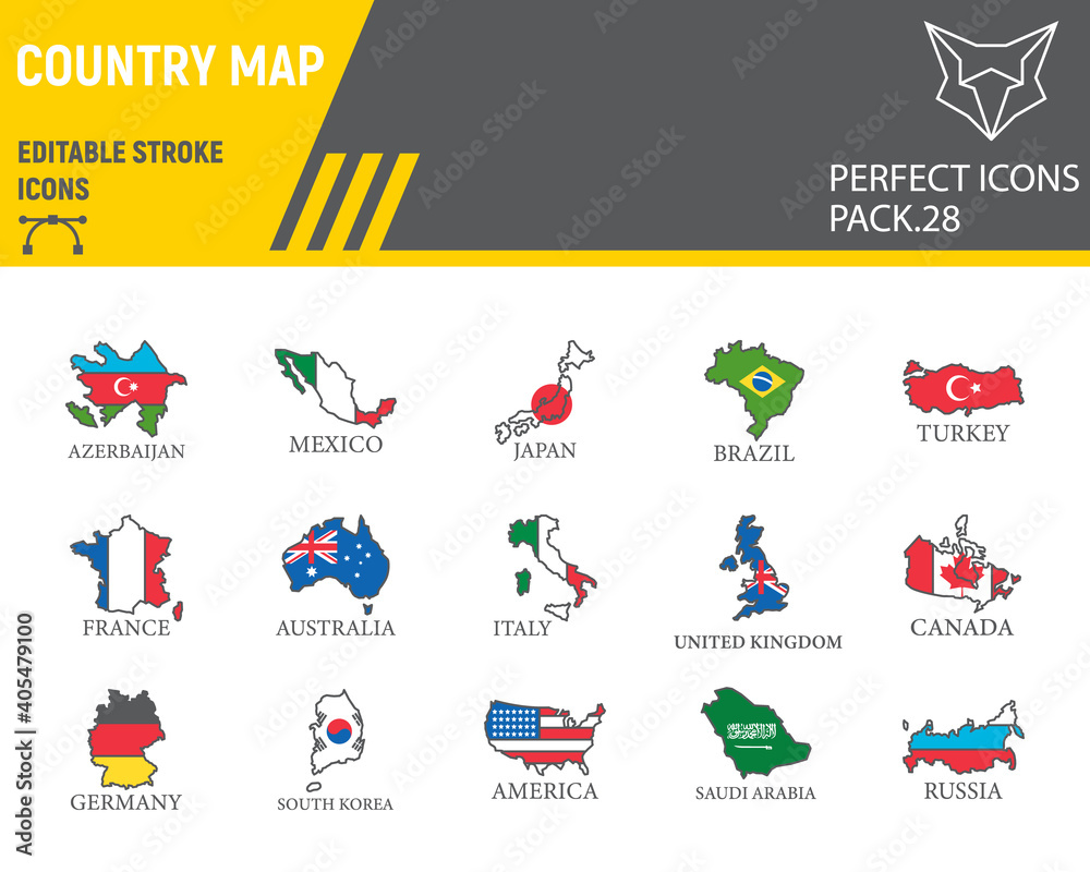 Map of country color line icon set, country flag collection, vector ...