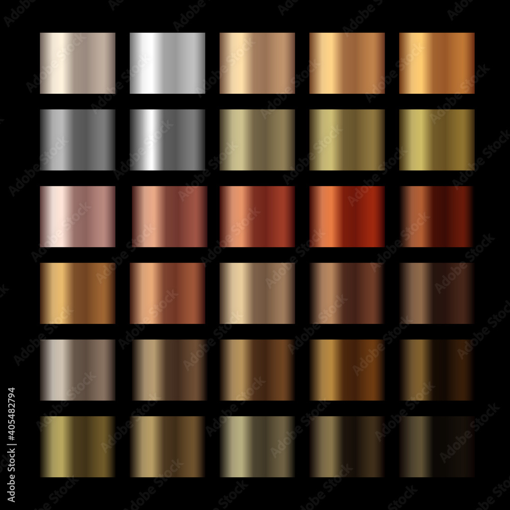 Vector metallic copper gradients, gold, silver, bronze, copper colorful ...