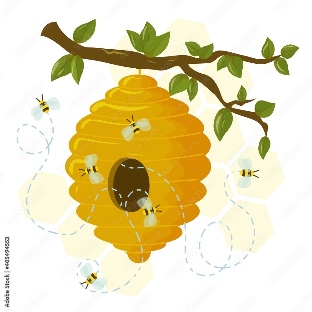 beehive with bees around on a honeycomb background. natural bee honey ...