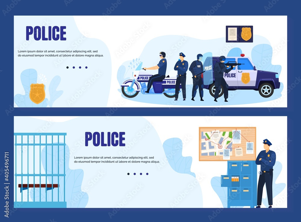Police concept with officers and police station banners vector ...