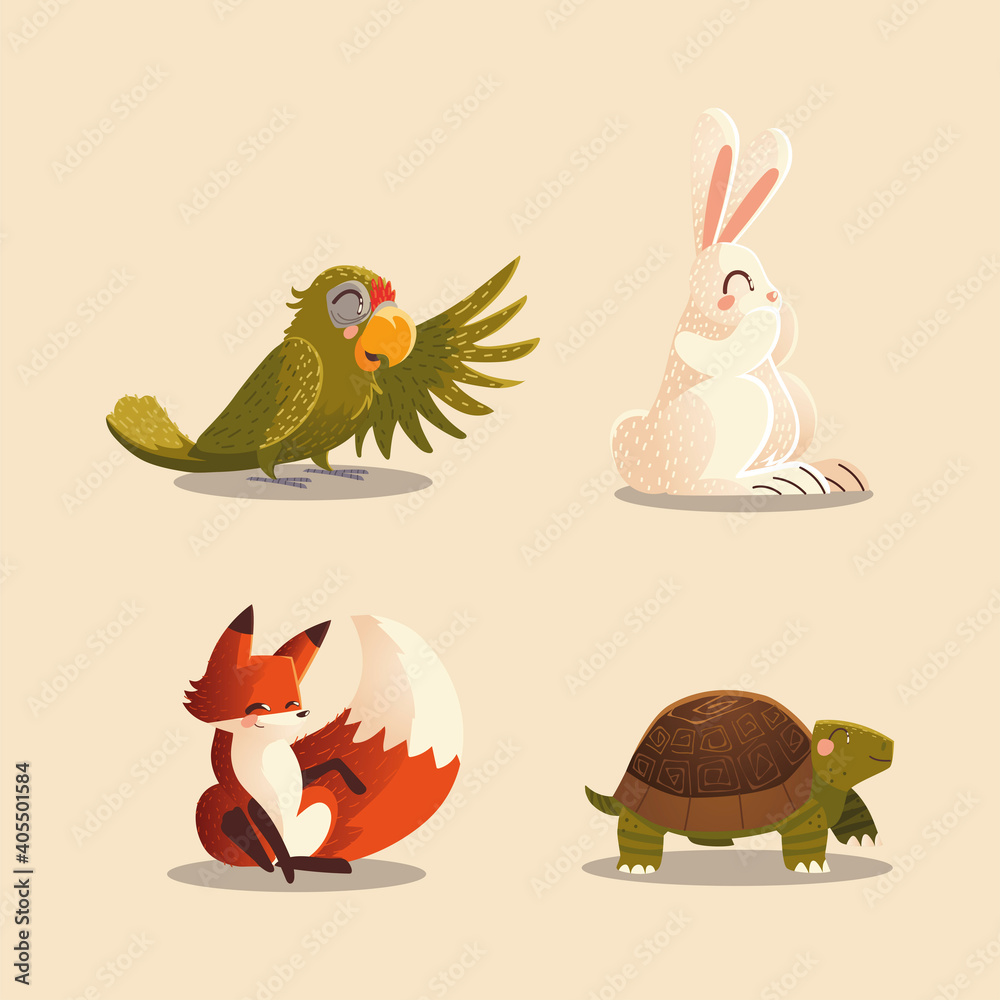 cartoon animals parrot rabbit fox and turtle wildlife Stock Vector ...