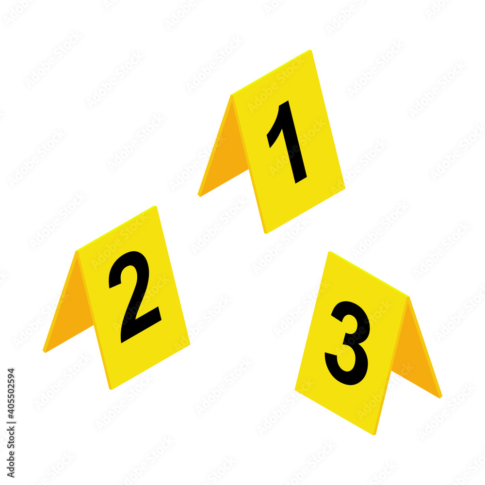 Crime scene markers icon. Yellow plastic investigation label design set ...
