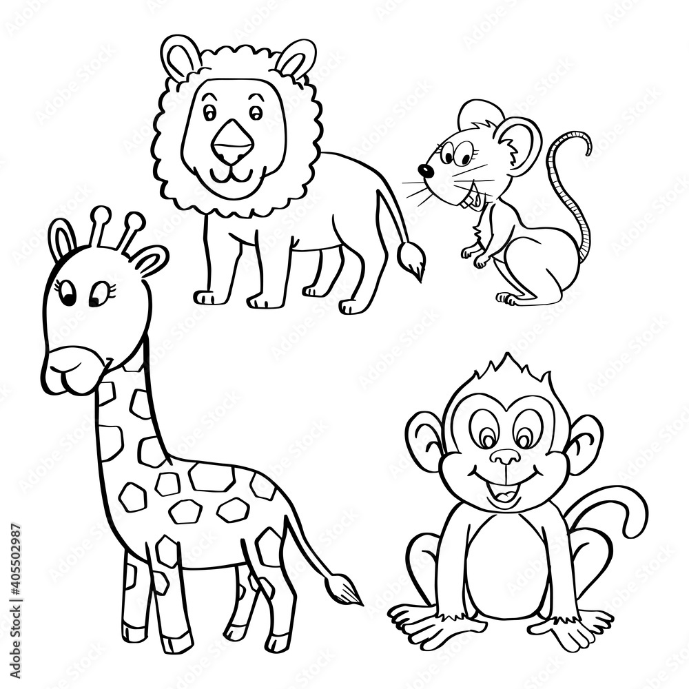 Hand drawn Wild Animals Collection Coloring page for kids Stock Vector ...