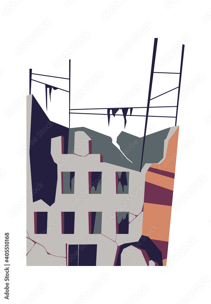 Destroyed building, damaged structure, consequences of a disaster ...
