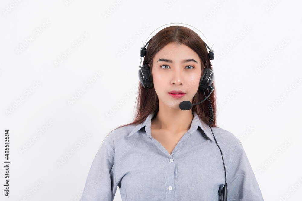 Portrait of happy smiling female customer support phone operator short ...