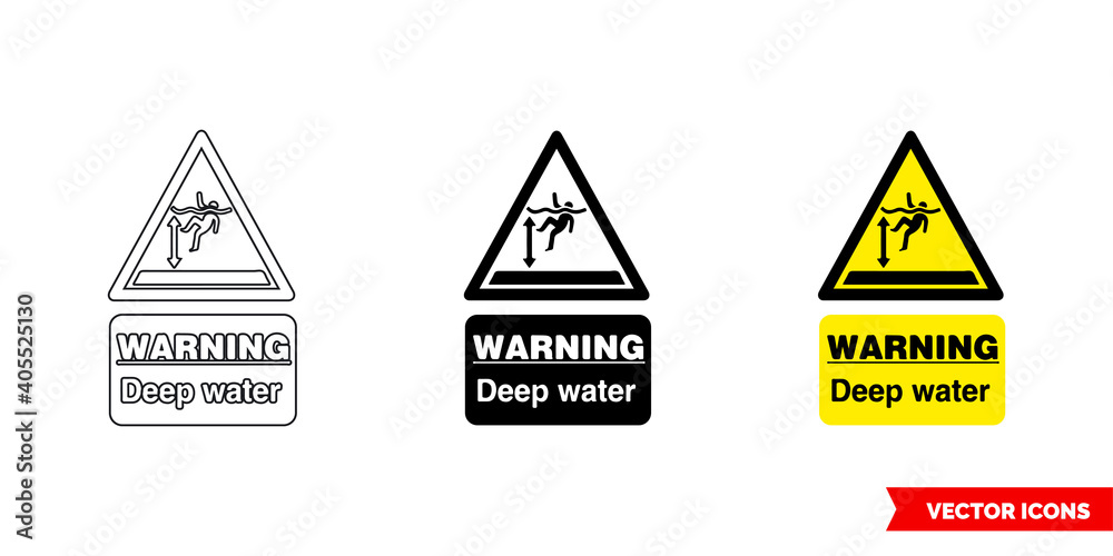 Warning deep water hazard sign icon of 3 types color, black and white ...