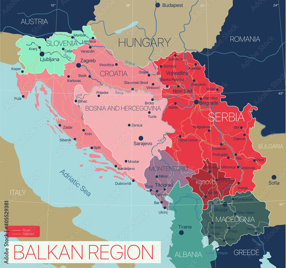 Balkan region detailed editable map with cities and towns, roads and ...