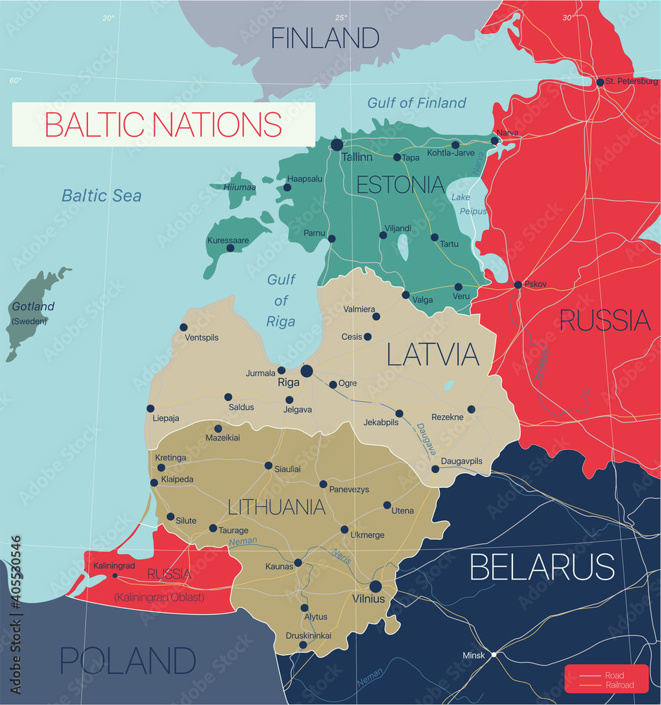 Baltic nations region detailed editable map with cities and towns ...