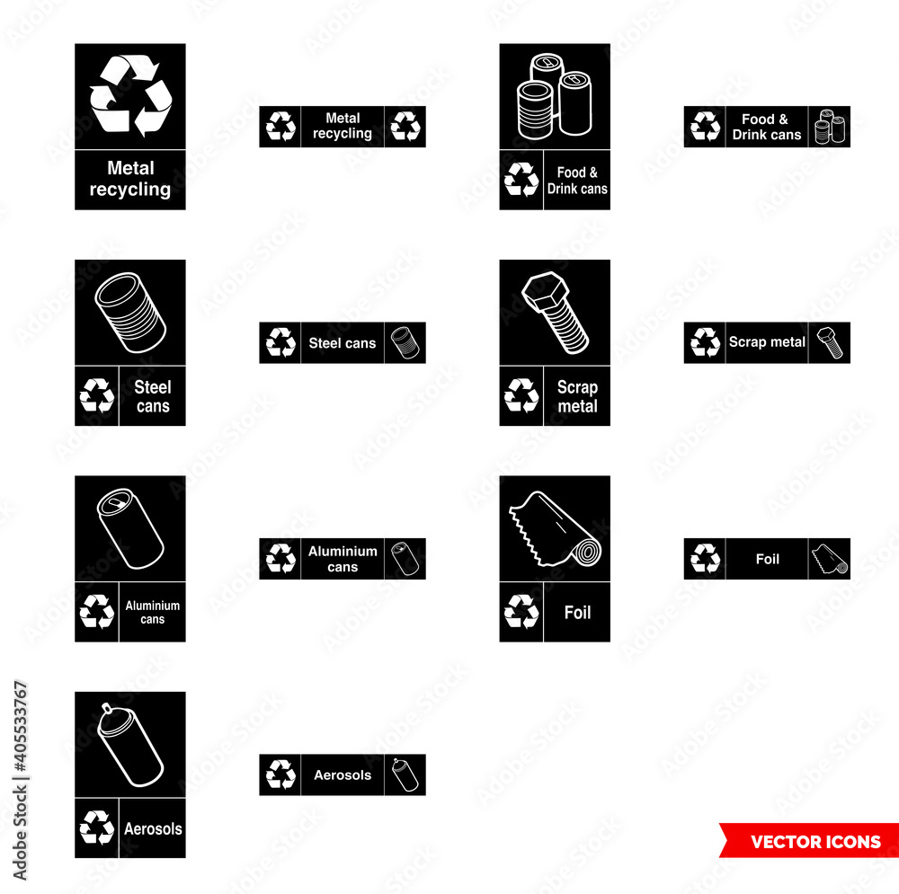 Metal recycling signs icon set of black and white types. Isolated ...