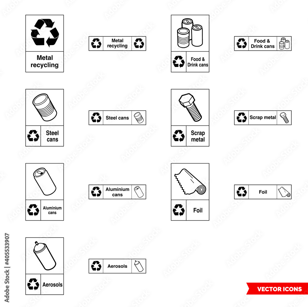 Metal recycling signs icon set of outline types. Isolated vector sign ...