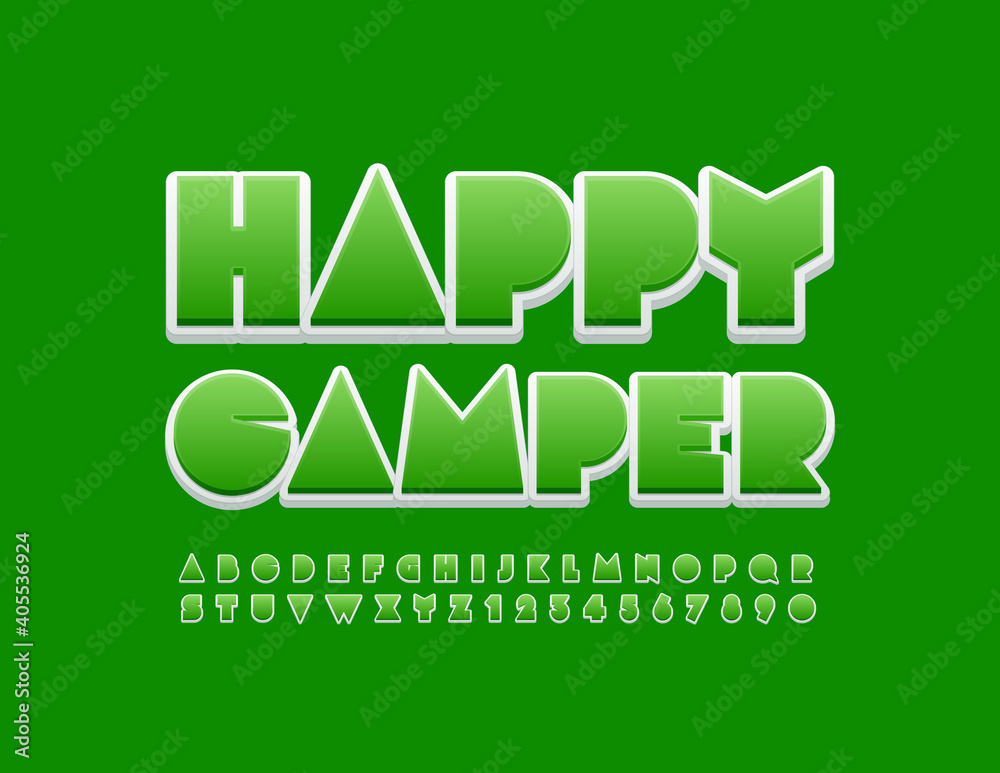 Vector traveler sign Happy Camper. Green and White abstract Font ...