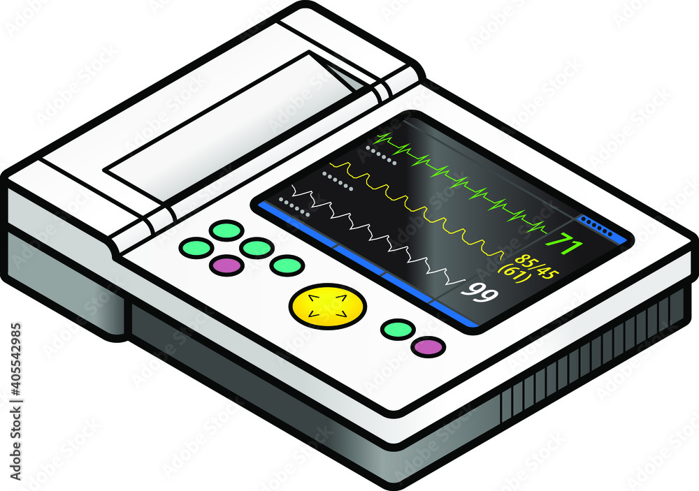 An all-in-one ECG/EKG machine with an integrated printer. Screen shows ...