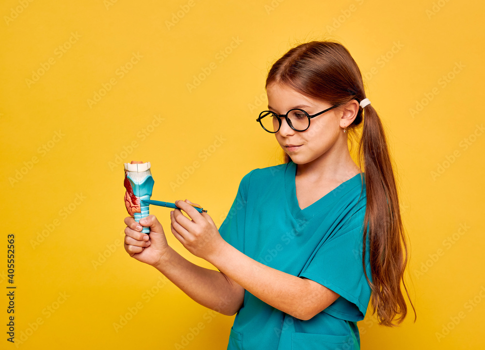 Schoolgirl pointing pen into an anatomical model of thyroid gland while ...