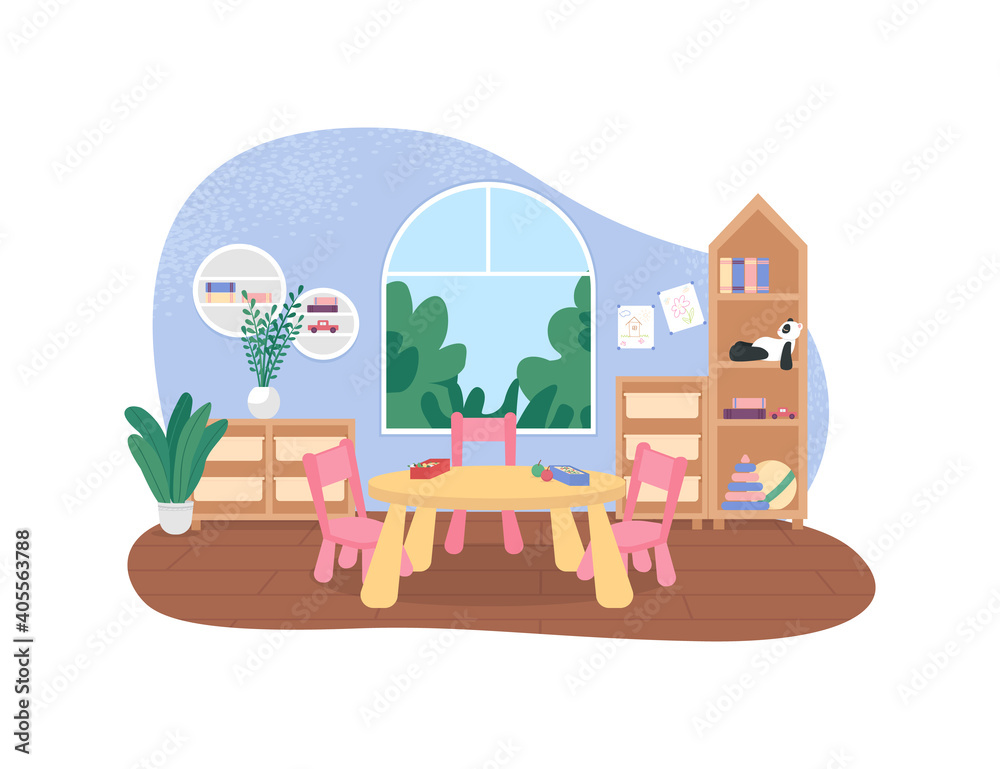 Kindergarten tables for mealtime 2D vector web banner, poster. Desk ...