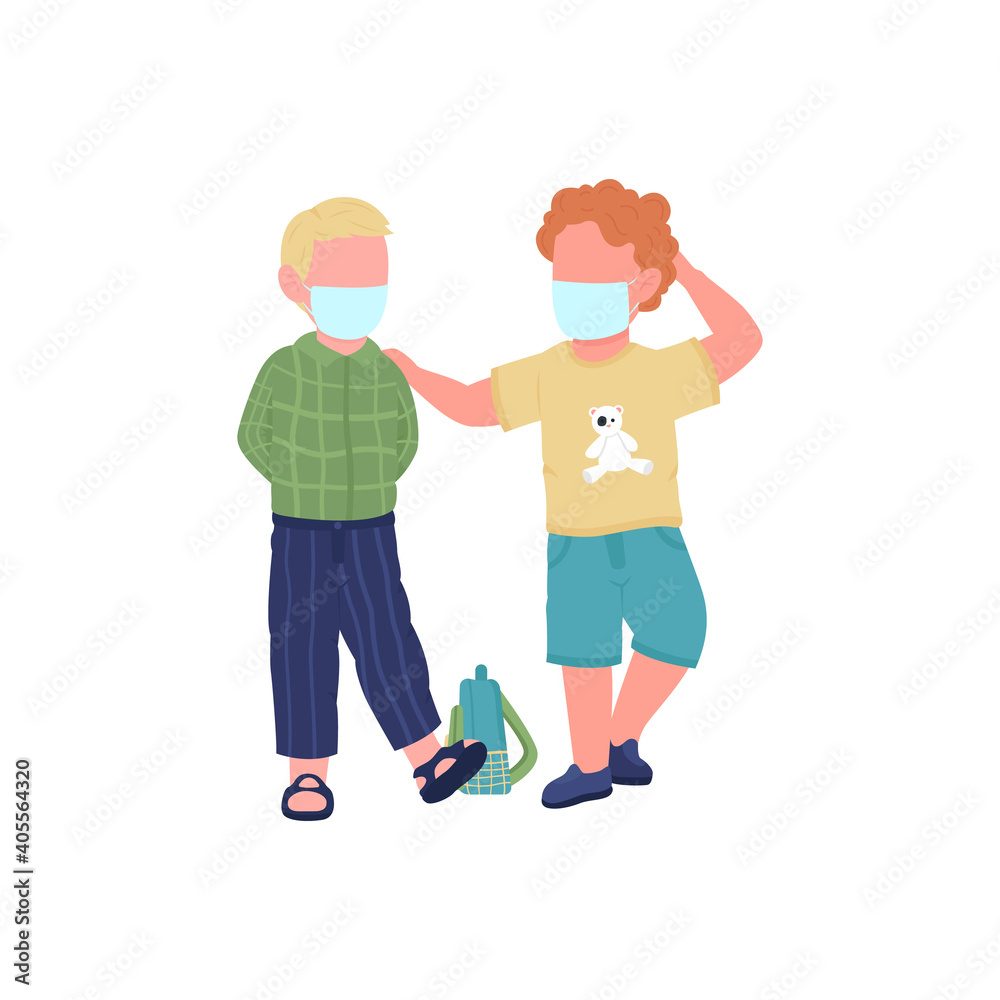 Preschool kids in face masks flat color vector faceless characters ...