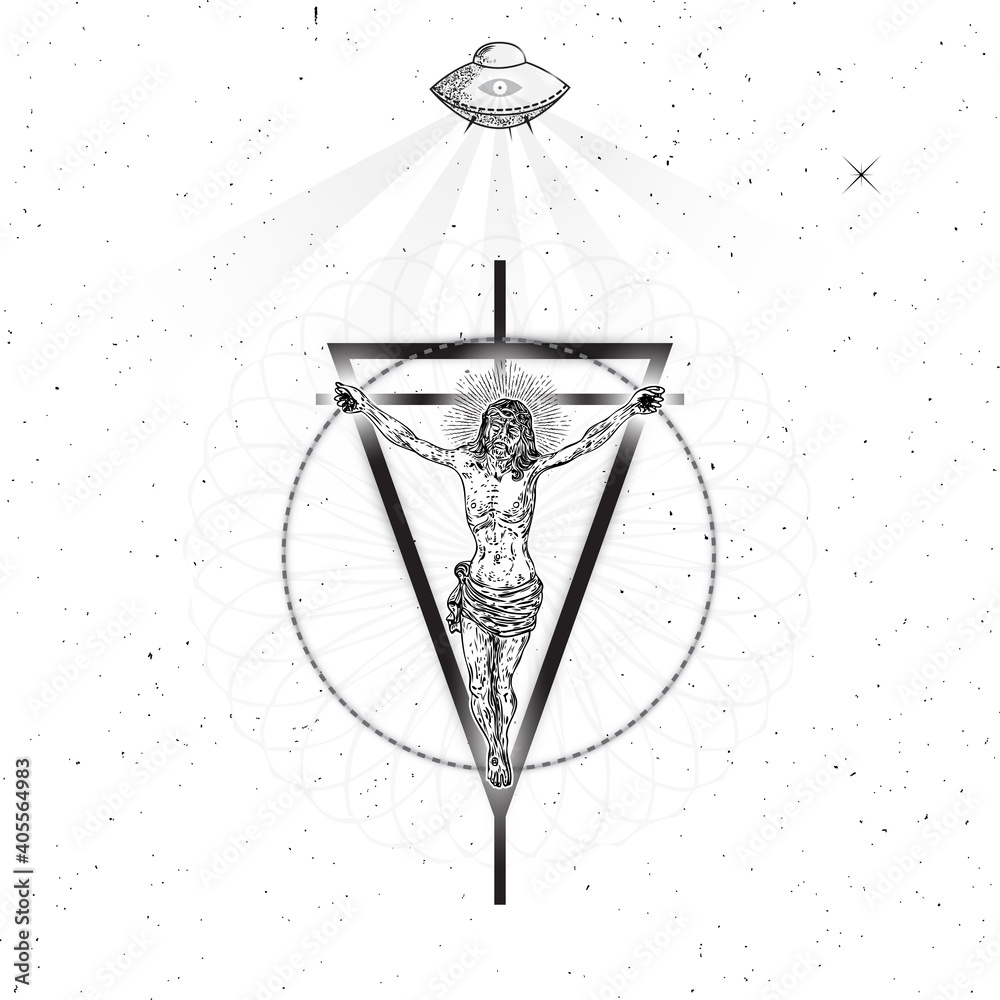 Jesus Christ crucifixion in the starry sky space tattoo. Prophet on ...