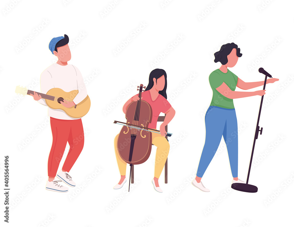 Music band performance flat color vector faceless characters. Musicians ...