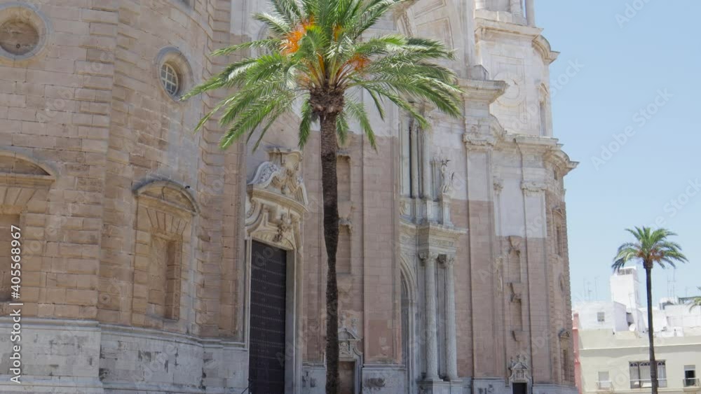 Façade of beautiful Cathedral of Cadiz, View of main entrance. Roman ...