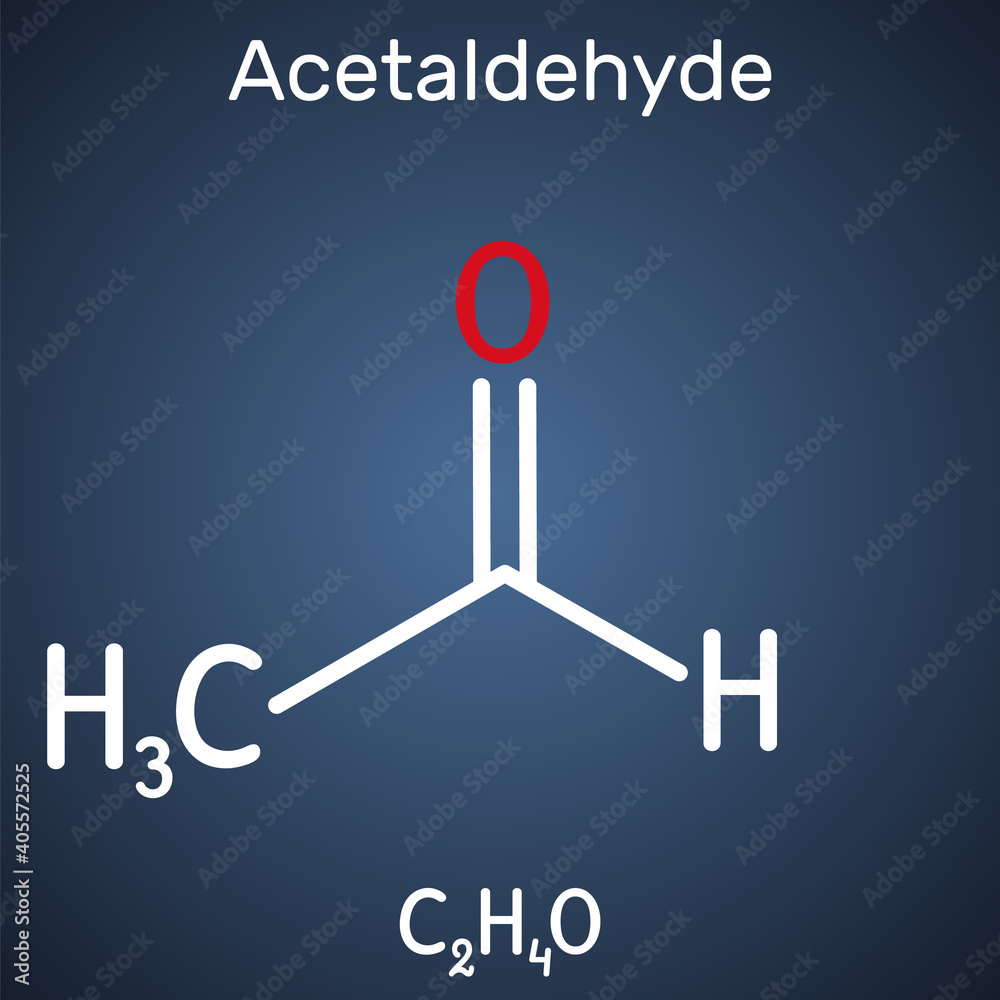 Acetaldehyde, ethanal, CH3CHO molecule. It is ketone, is used in the ...