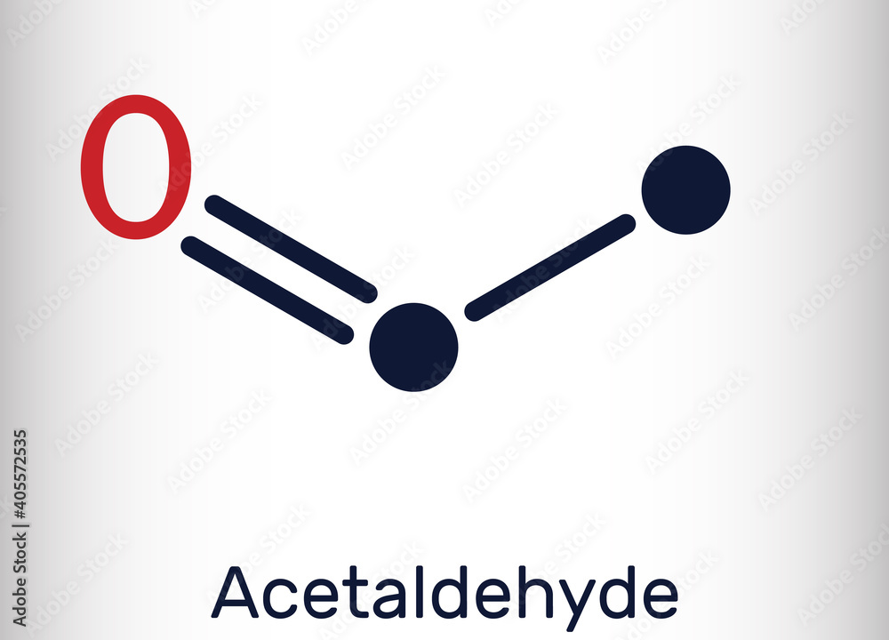 Acetaldehyde, ethanal, CH3CHO molecule. It is ketone, is used in the ...