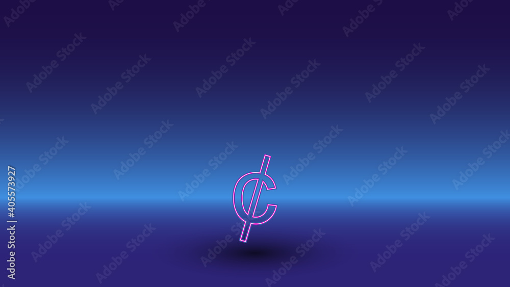 Neon cent symbol on a gradient blue background. The isolated symbol is ...
