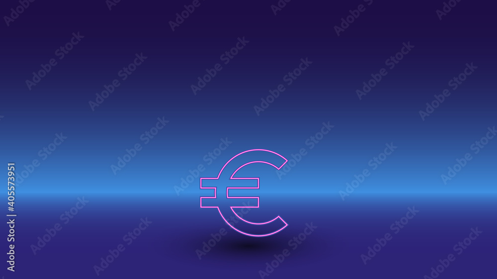 Neon euro symbol on a gradient blue background. The isolated symbol is ...