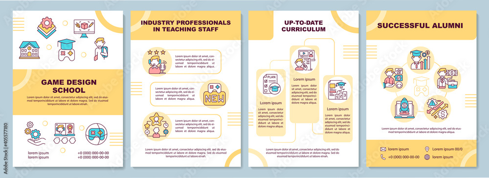 Game design school brochure template. Teaching staff, curriculum. Flyer ...