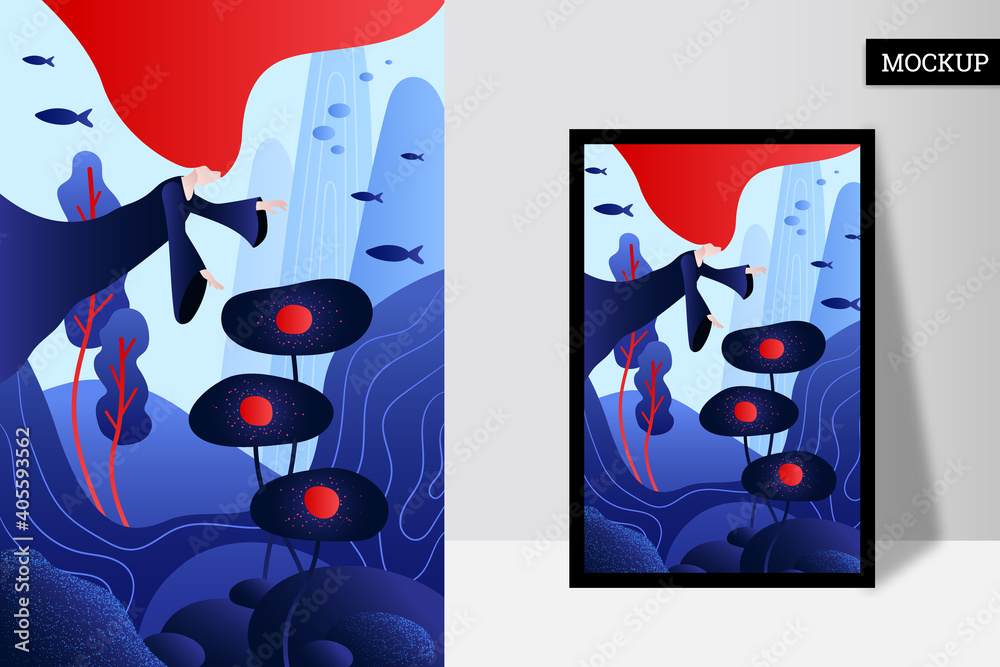 Underwater world with woman, deep sea plants, fishes and rocks ...