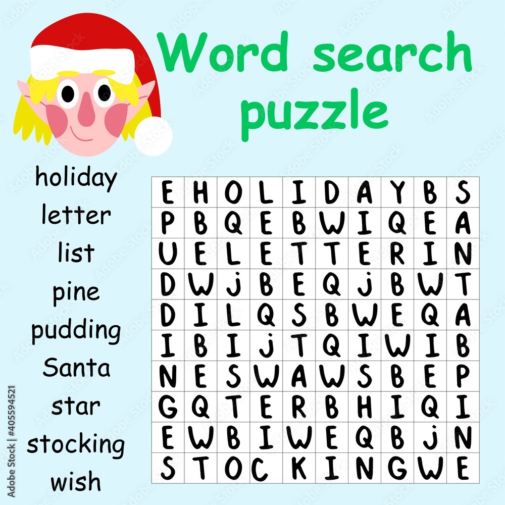 Word search puzzle with funny elf game vector. Educational game for ...
