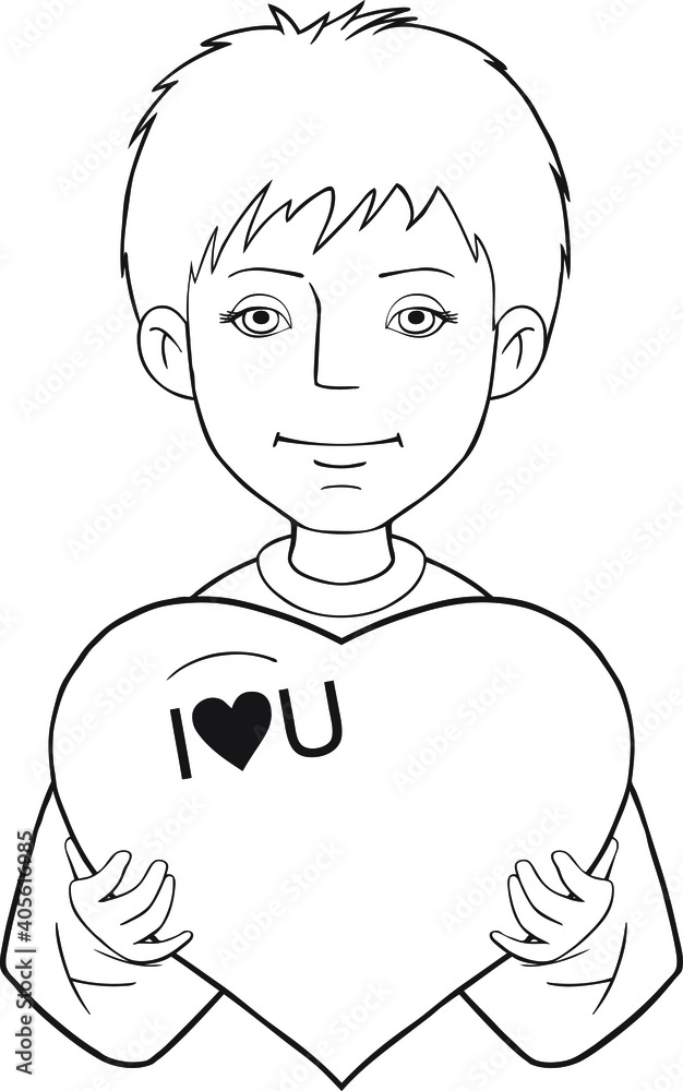 Happy Valentine's Day with cute boy holding a heart. Black and white ...