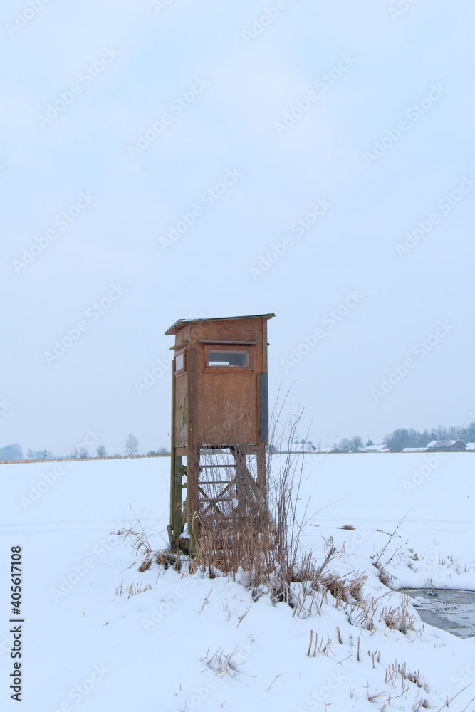 Hunting tower and nature observation cabin, also known as hunting stand ...