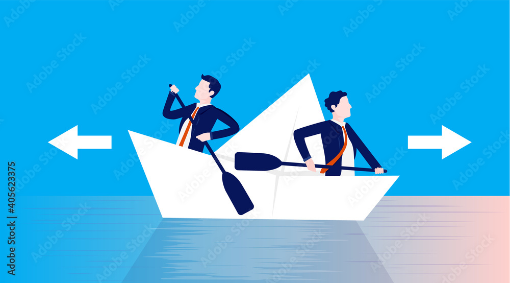 Business going in different directions - Two men rowing in opposite ...