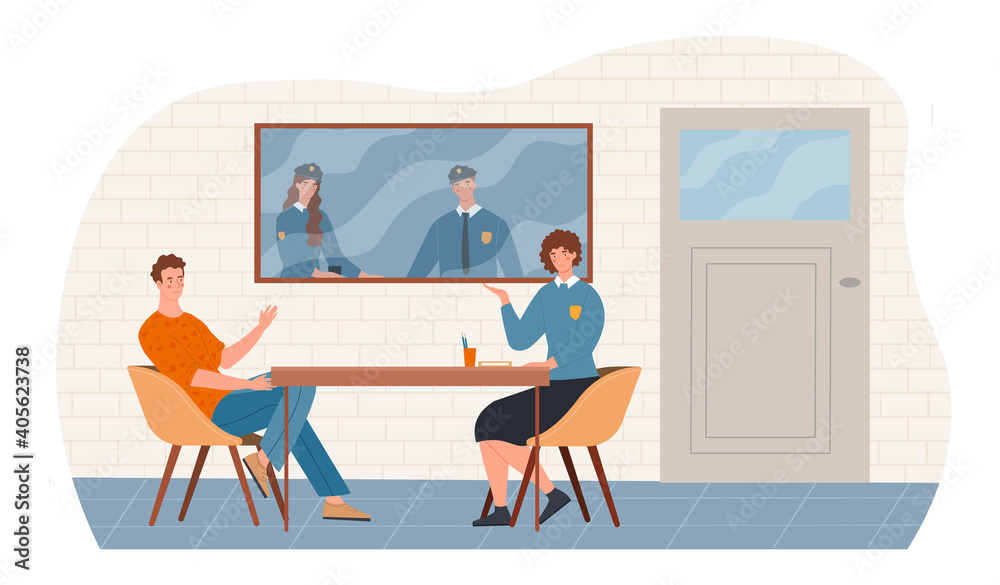 Vetor de Female police officer is talking to a suspect in interrogation ...