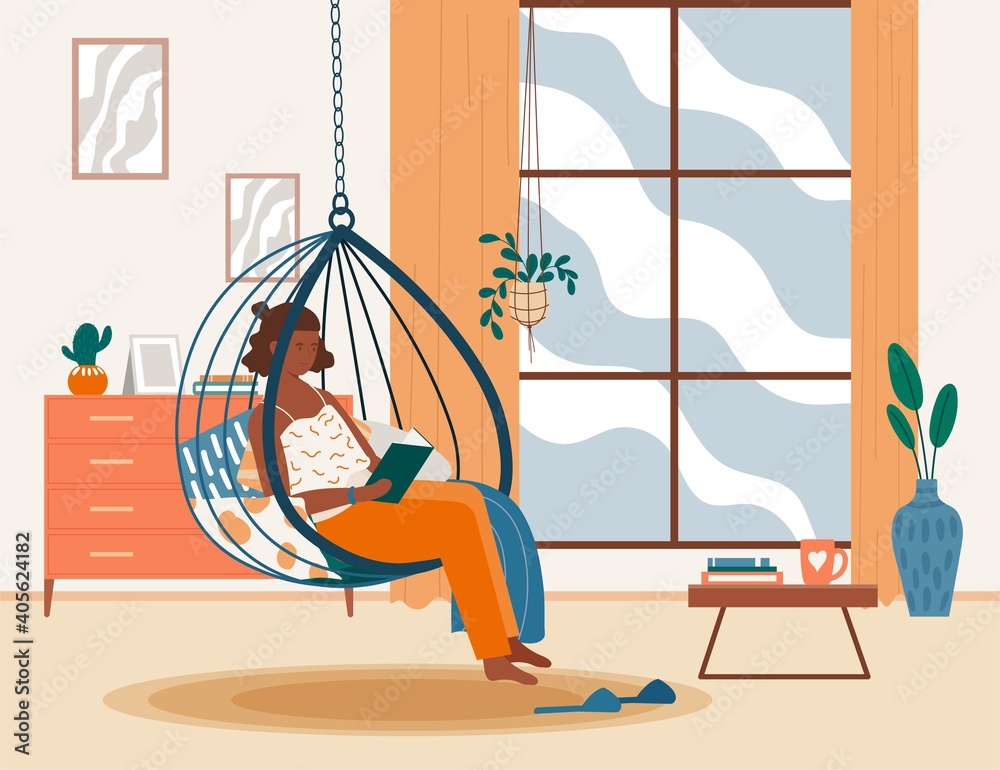 Relaxed female character is sitting in comfy hanging chair and reading ...