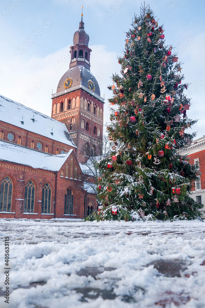 Riga, Latvia. Christmas Tree On The Dome Square With Riga Dome ...
