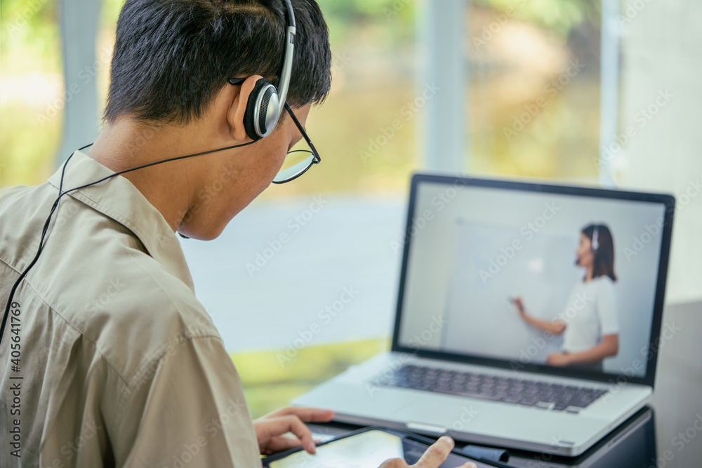 Education learning online concept, Asian Teenage student wear headphone ...