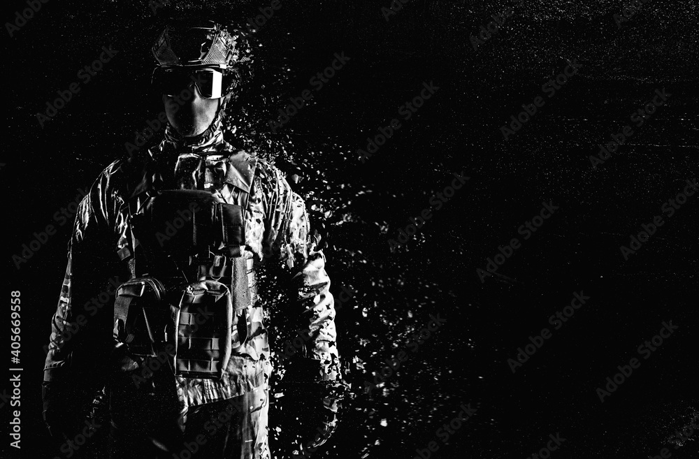 Black and white photo of a fully equipped soldier standing in tactical ...