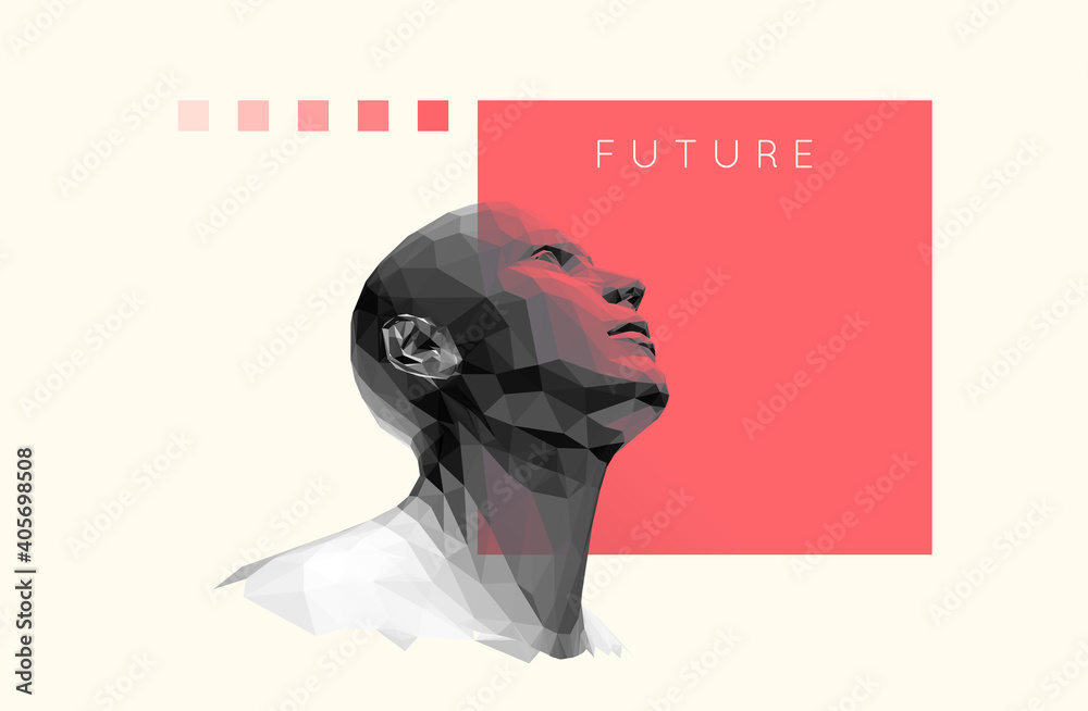 Man looking up. Abstract digital human head. Face side view ...