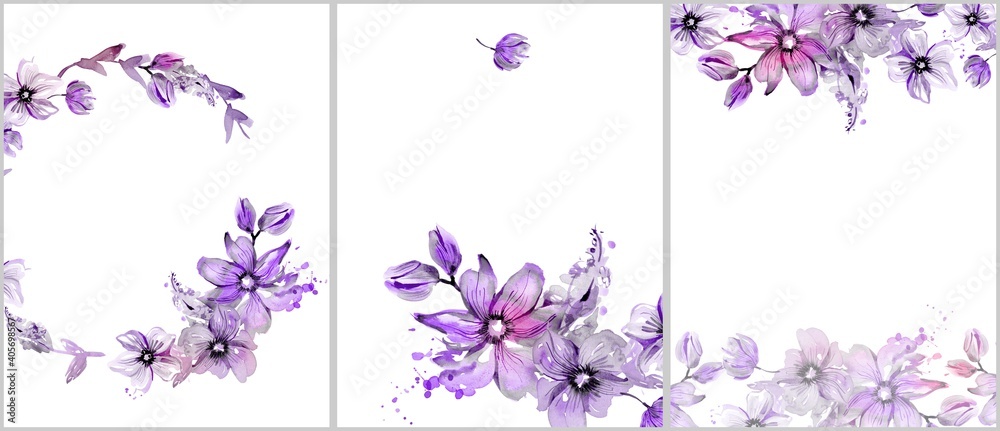 Invitation template with purple watercolor flowers Stock Illustration ...
