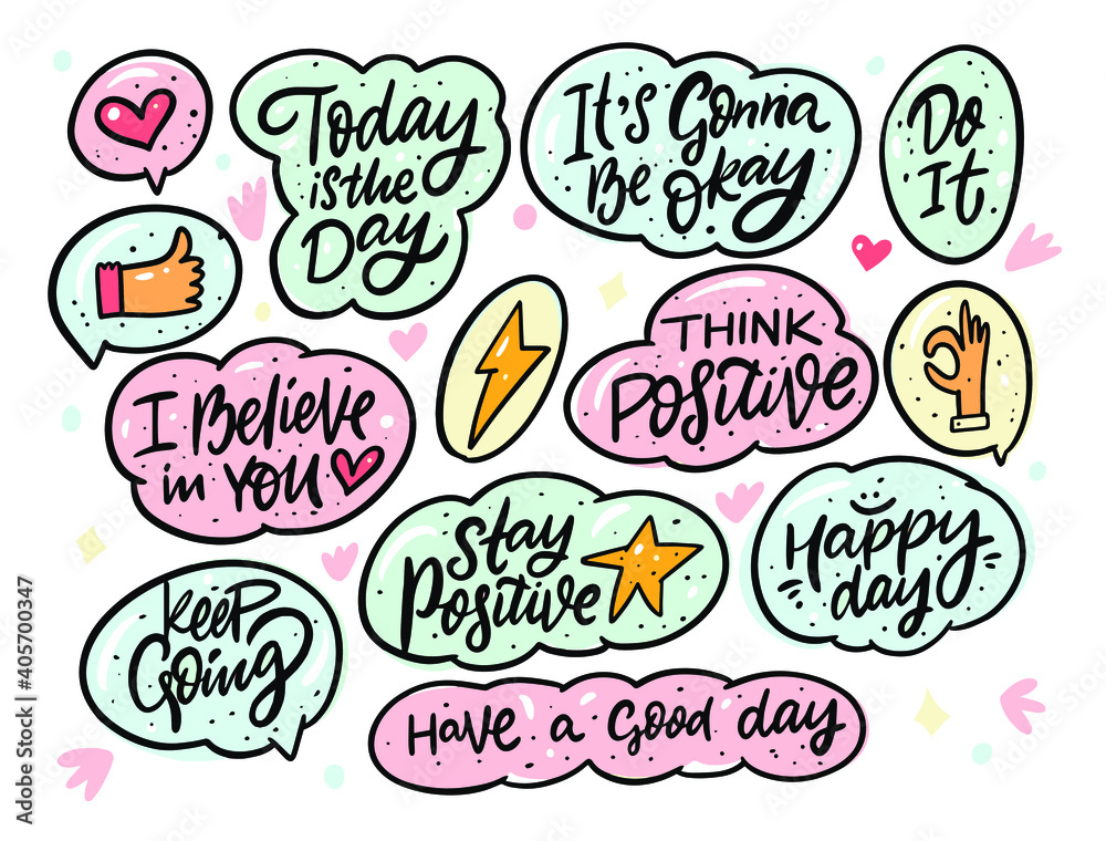 Positive doodles phrases set. Motivation slogans. Hand drawn ...