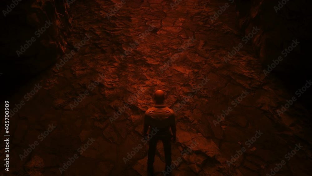 Sinner. A lonely sinfull man stands in front of a hell gates. Hell fire ...