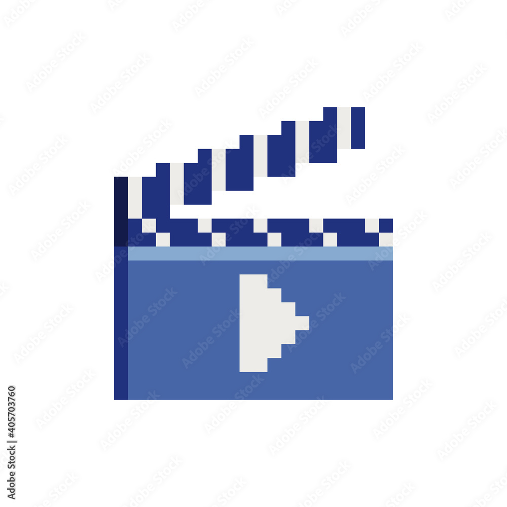 Vetor de Clapperboard pixel art flat icon. Gallery of films. Movie, cinema logo. Design for ...