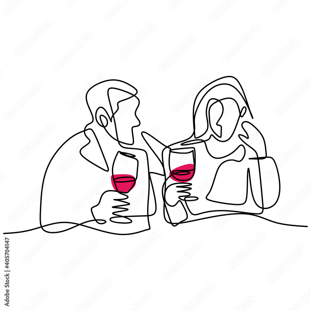 Continuous one line drawing of happy romantic young couple dinner with ...