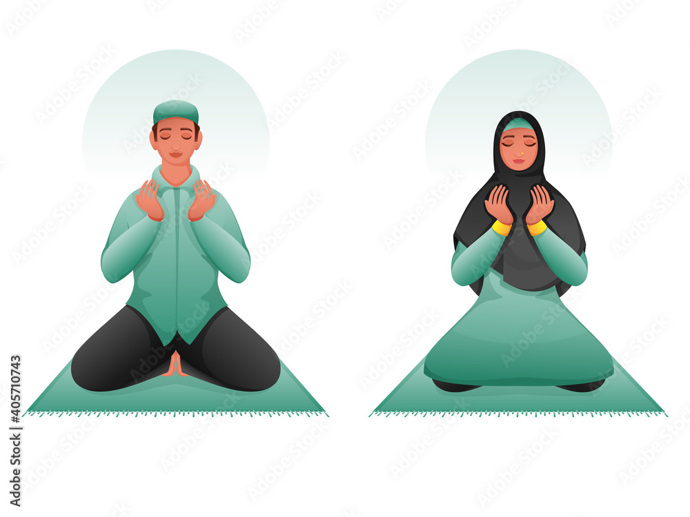 Young Muslim Man And Woman Offering Namaz (Prayer) On Mat. Stock Vector ...