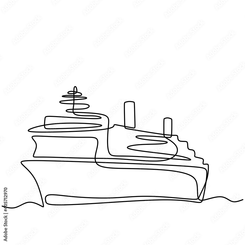 Continuous one line hand drawn of large cruise ship at sea. Royal ...