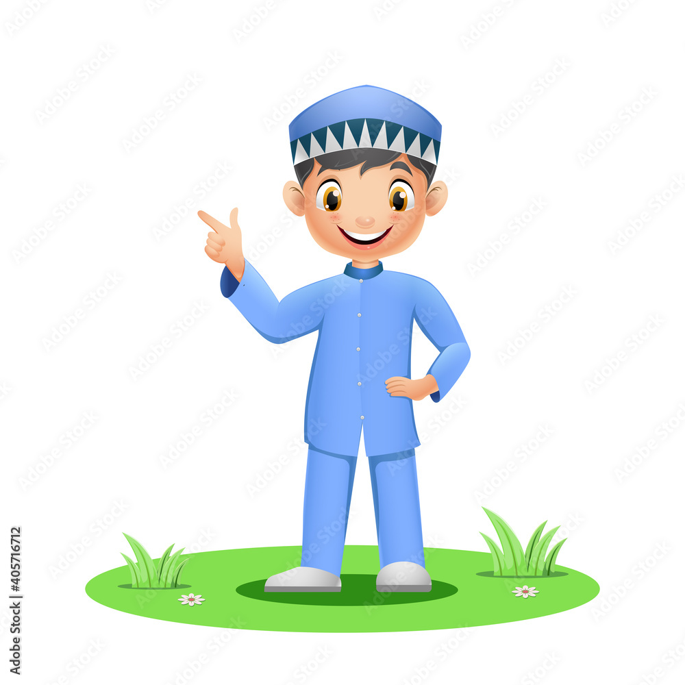 Cute Muslim boy pointing his finger up Stock Vector | Adobe Stock