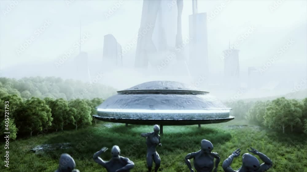 funny aliens dancing in the meadow near the UFO spaceship. Realistic 4k ...